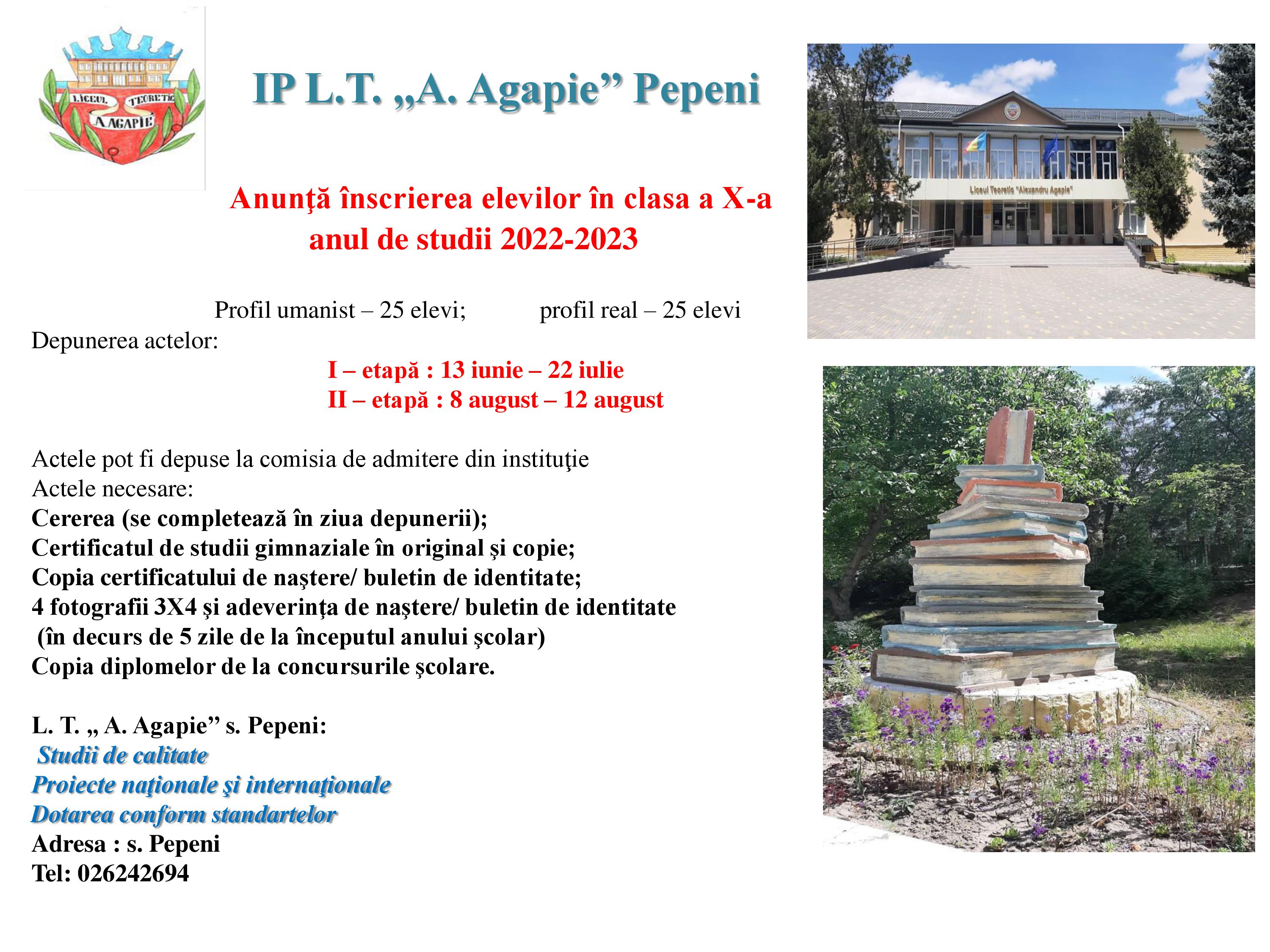 IP L.T. ,,A. Agapie’’ Pepeni anunţă înscrierea elevilor în clasa a X-a ...